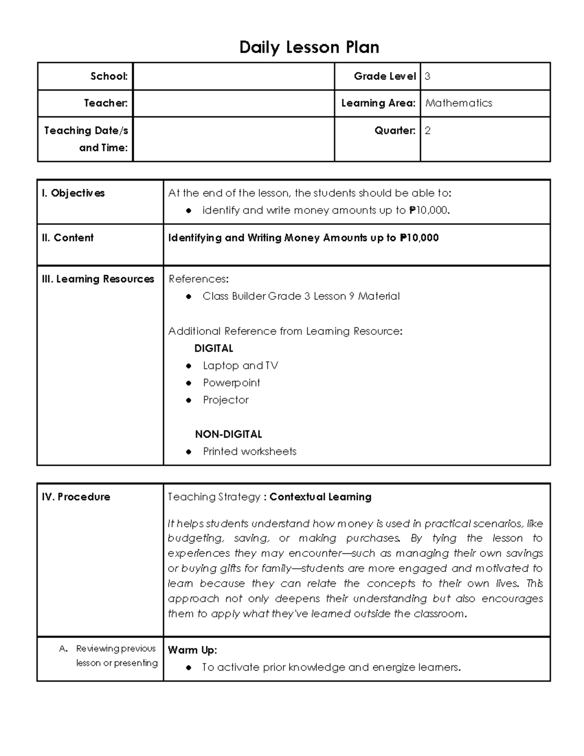 M3Q2L09 Daily Lesson Plan: Identifying & Writing Money Amounts - Studocu