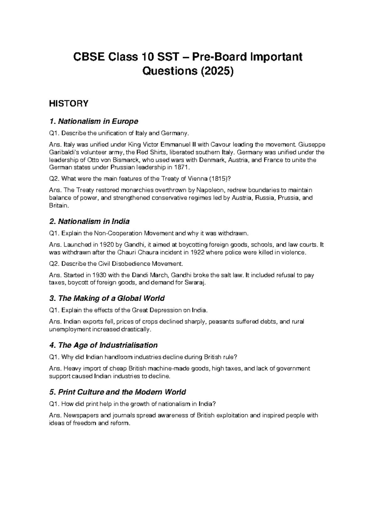 CBSE Class 10 SST Pre Board Important Questions (2025) - Studocu