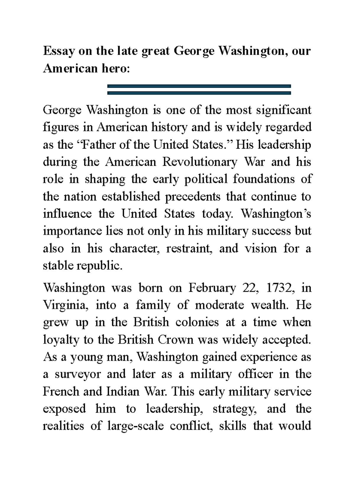 George Washington: A High School Essay on His Legacy - Studocu