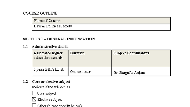 Law and Political Science Course Outline (BB.A LL.B) - Studocu