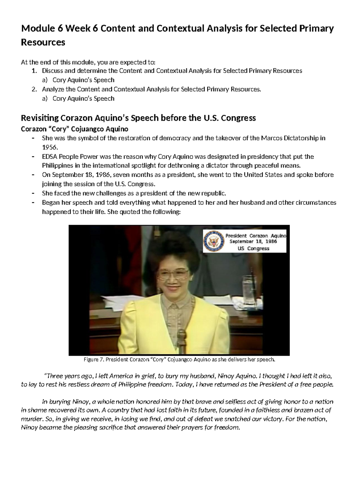 W6 - Content & Contextual Analysis of Cory Aquino's Speech - Studocu