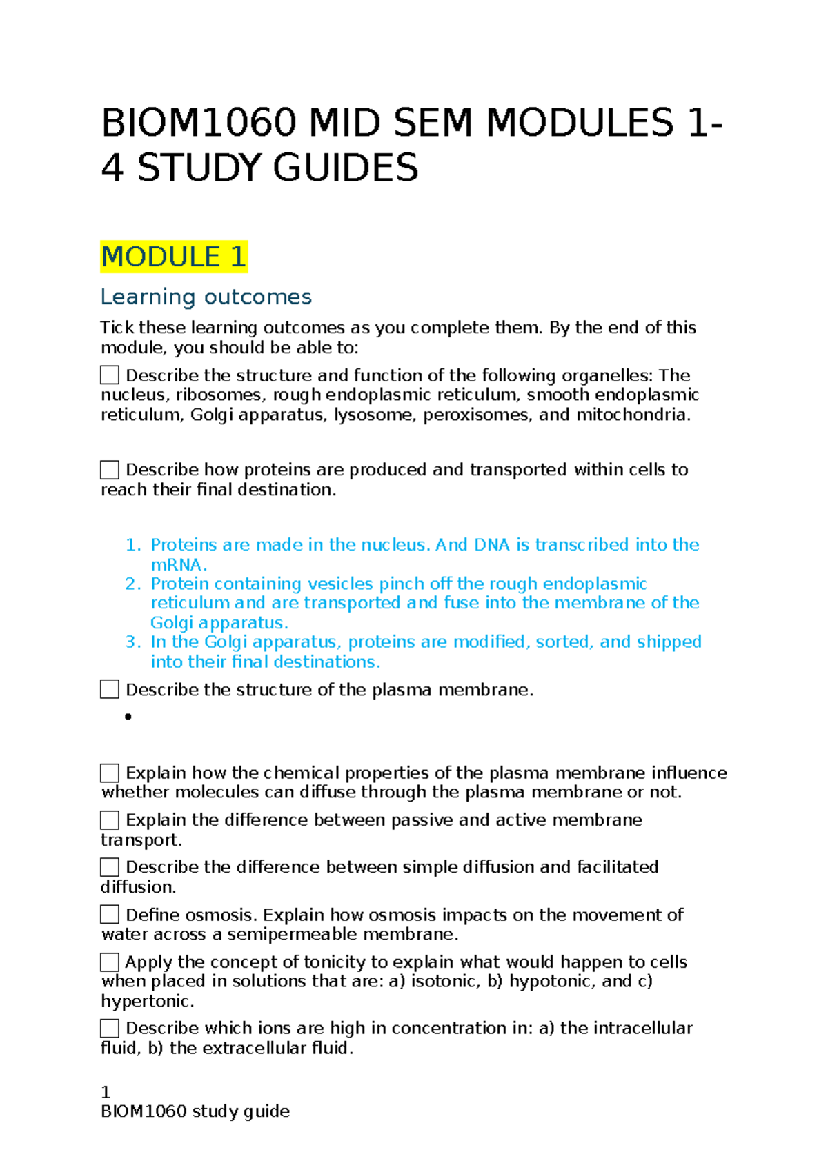 BIOM1060 MID SEMESTER STUDY GUIDE: MODULE 1 OVERVIEW - Studocu