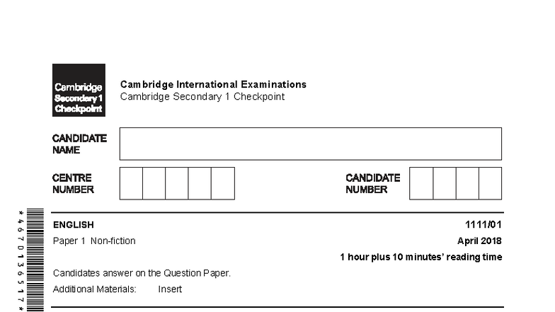 Cambridge Secondary 1 Checkpoint ENGLISH P1 Practice Questions 2018 ...