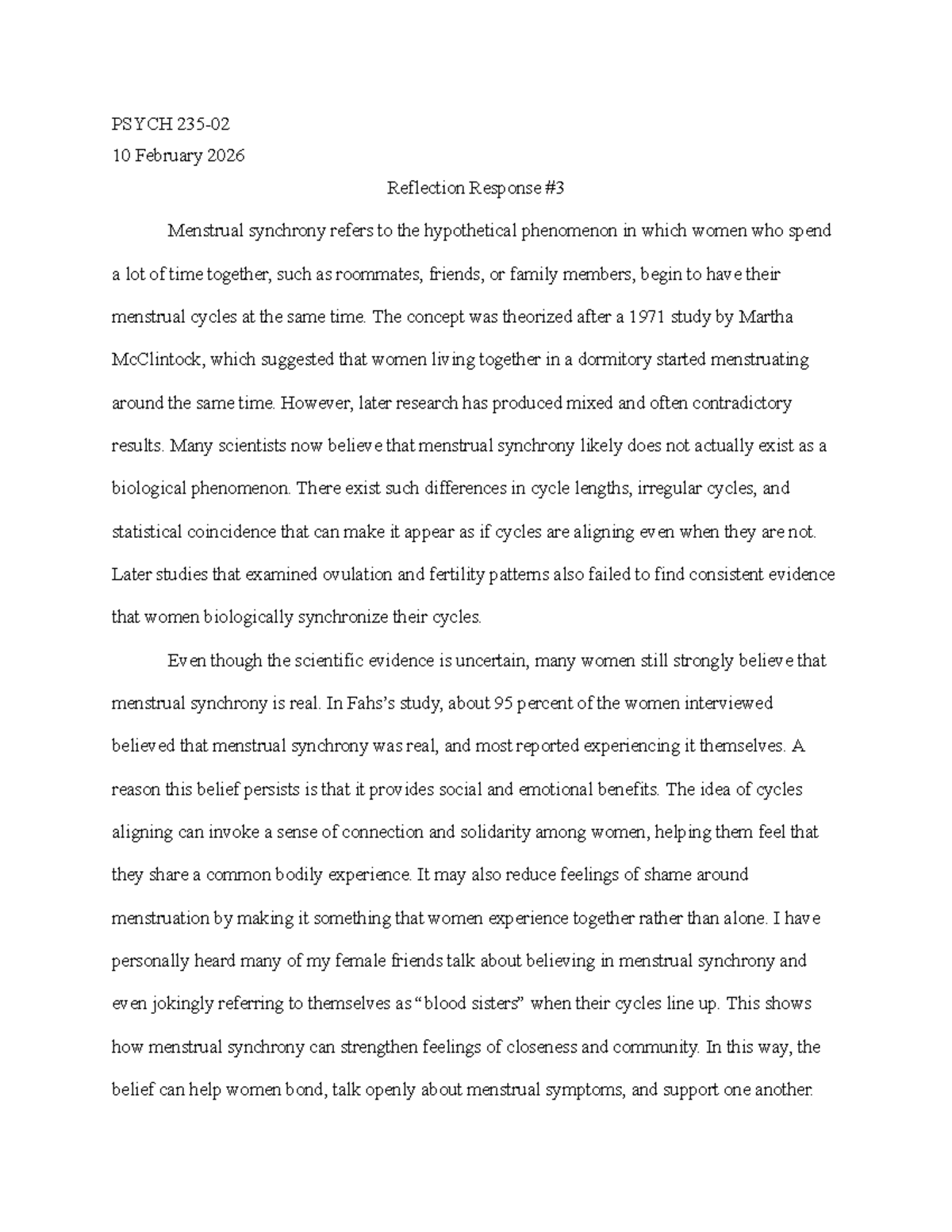 PSYCH 235 - Reflection Response on Menstrual Synchrony - Studocu
