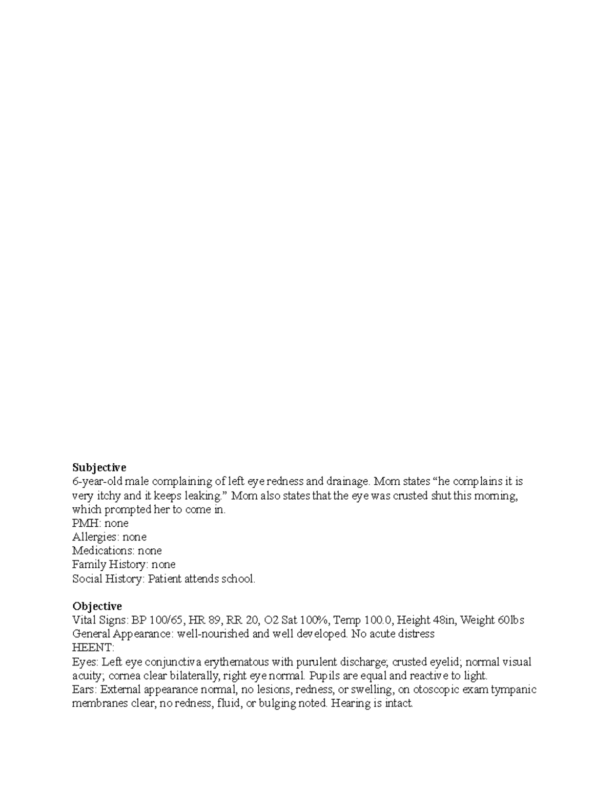 SOAP Note #4: Bacterial Conjunctivitis Assessment and Plan - Studocu