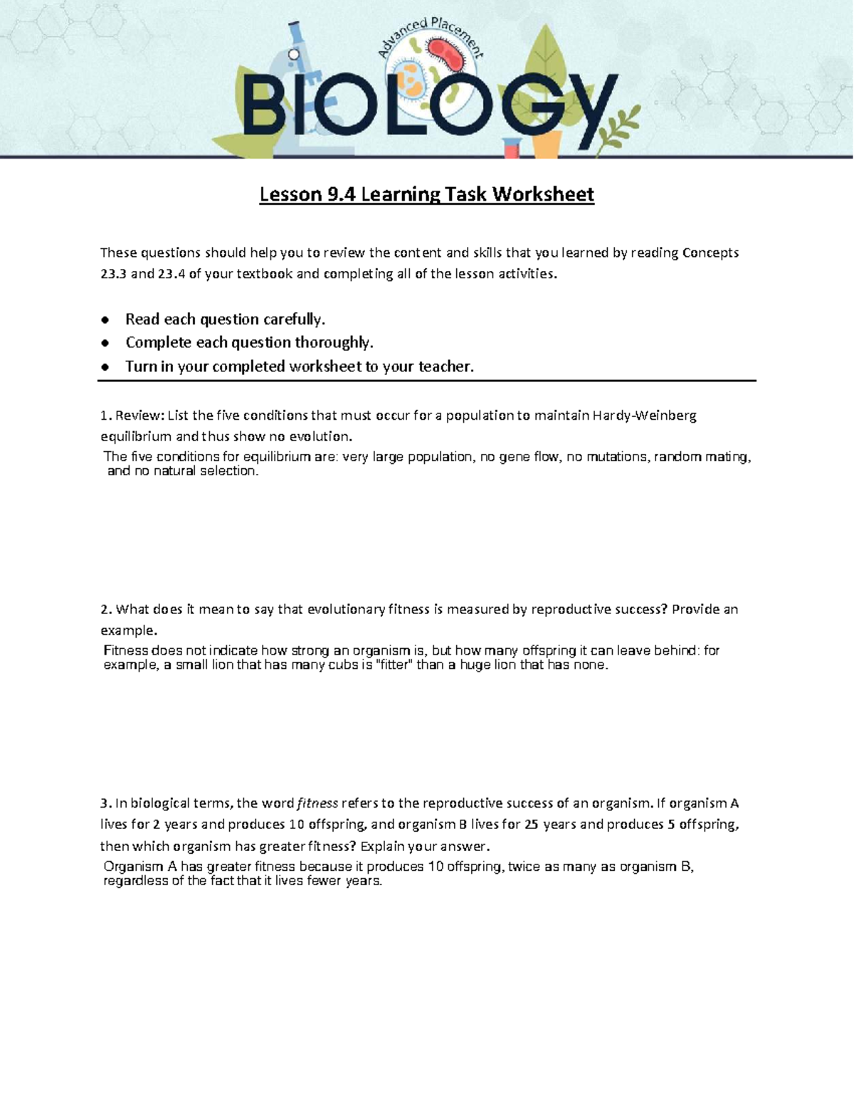 Apbio 9.4 Lesson 9.4 Learning Task Worksheet Review - Studocu