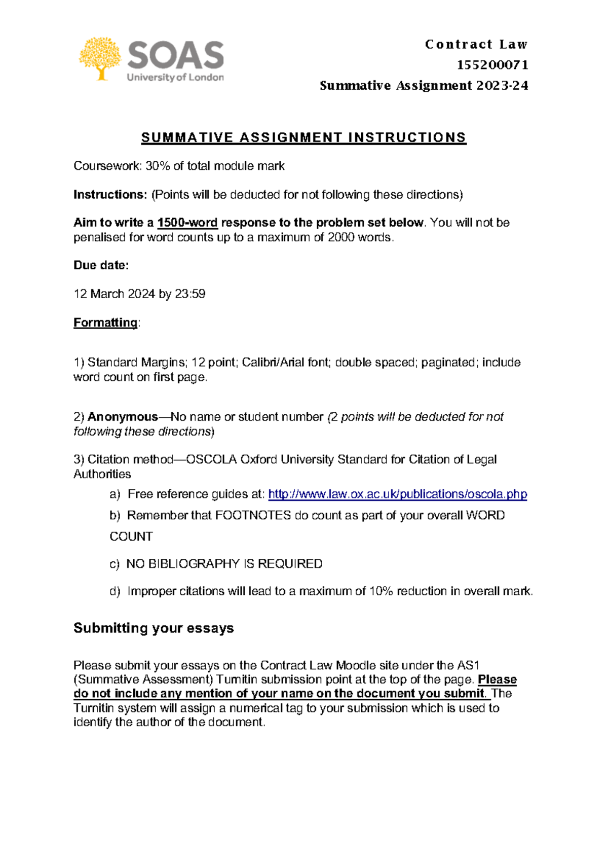Contract Law Summative Assignment Guidelines 2024 - Studocu
