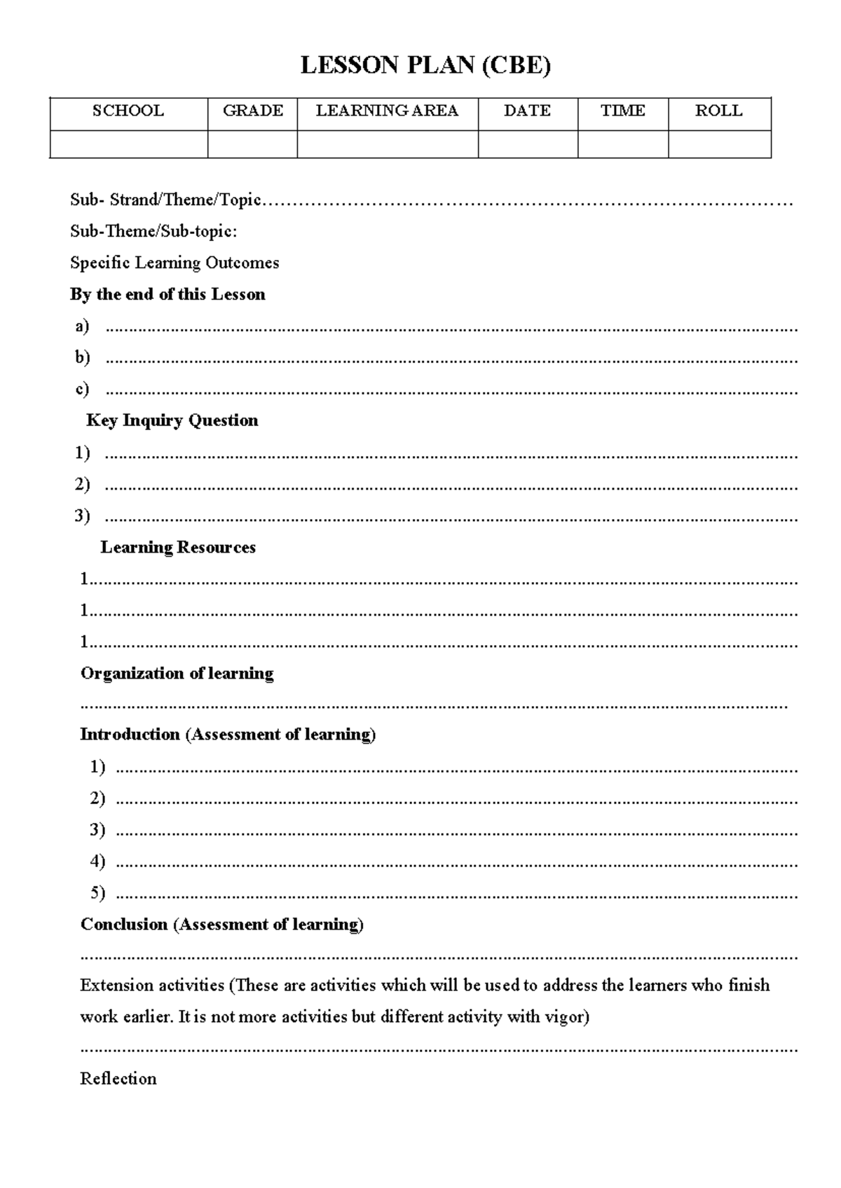 Lesson PLAN - LESSON PLAN (CBE) SCHOOL GRADE LEARNING AREA DATE TIME ...