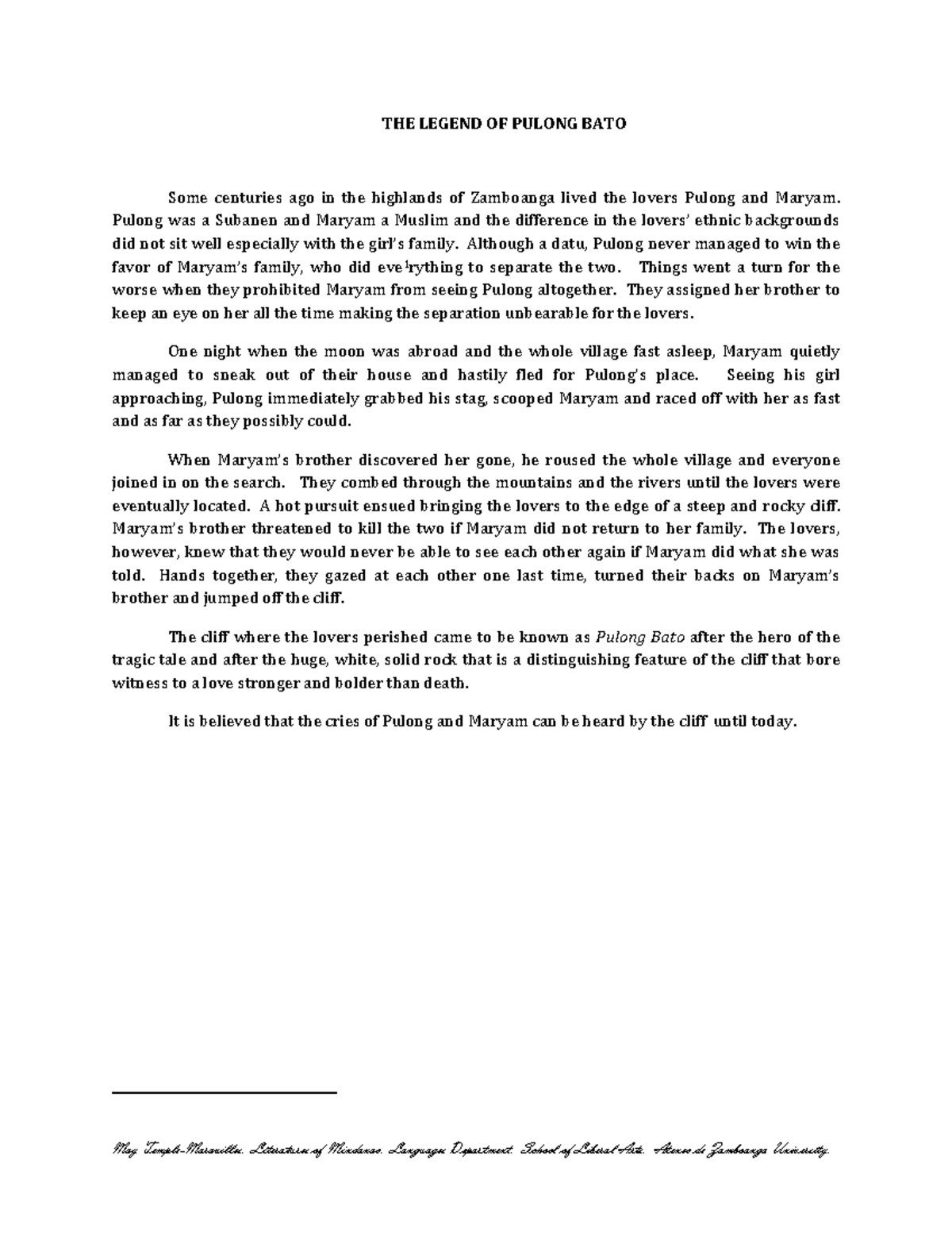 The Legend of Pulong Bato: A Tragic Love Story from Mindanao - Studocu