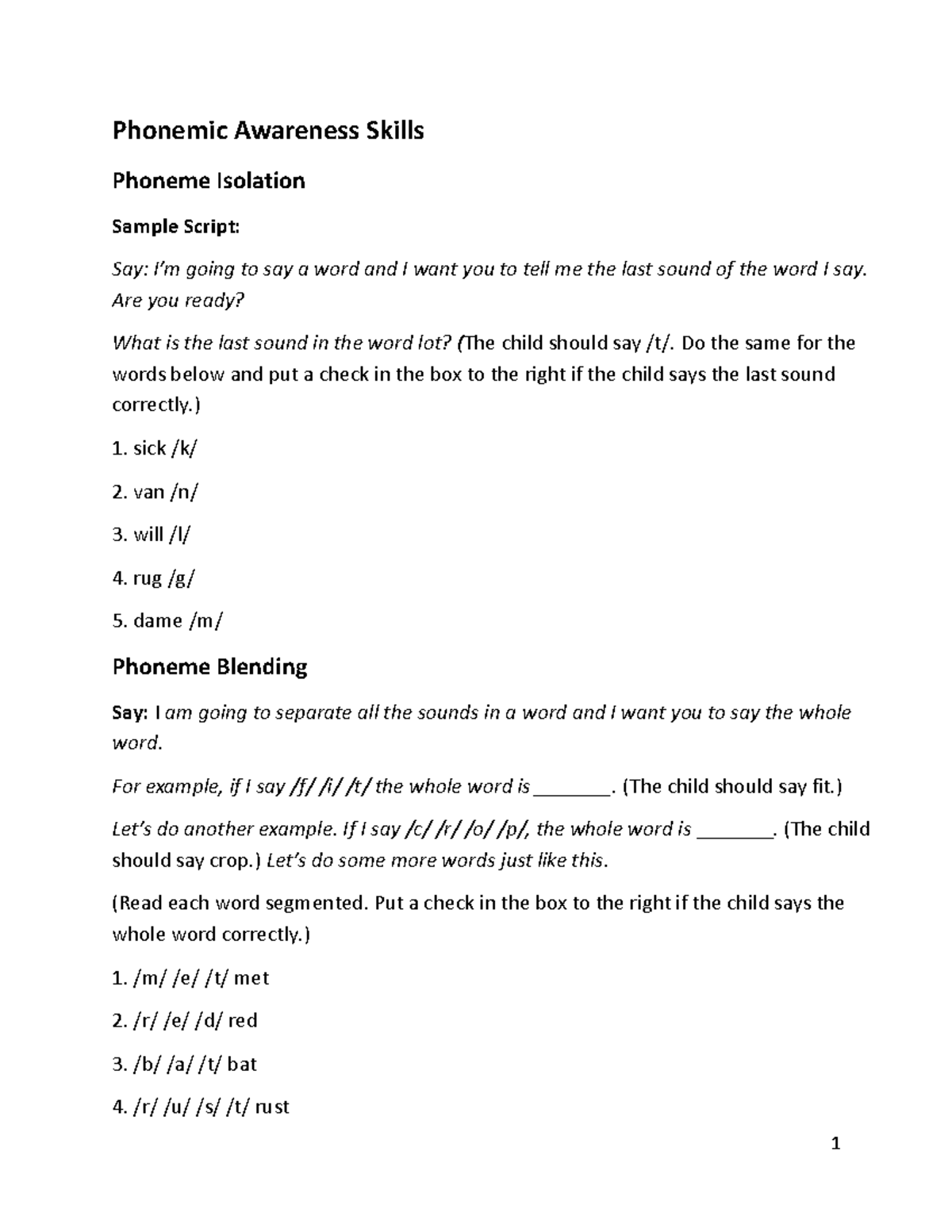 Phonemic Awareness Skills: Sample Task Worksheet for Phoneme Activities ...