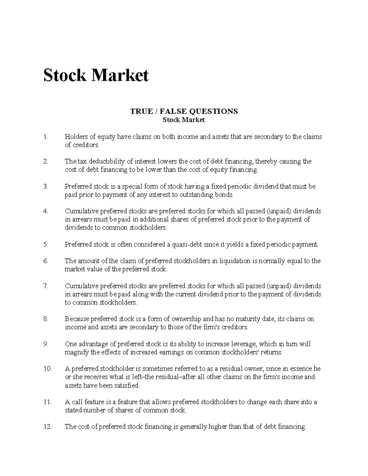 Stock Market Quiz: True/False & Multiple Choice Questions - Studocu