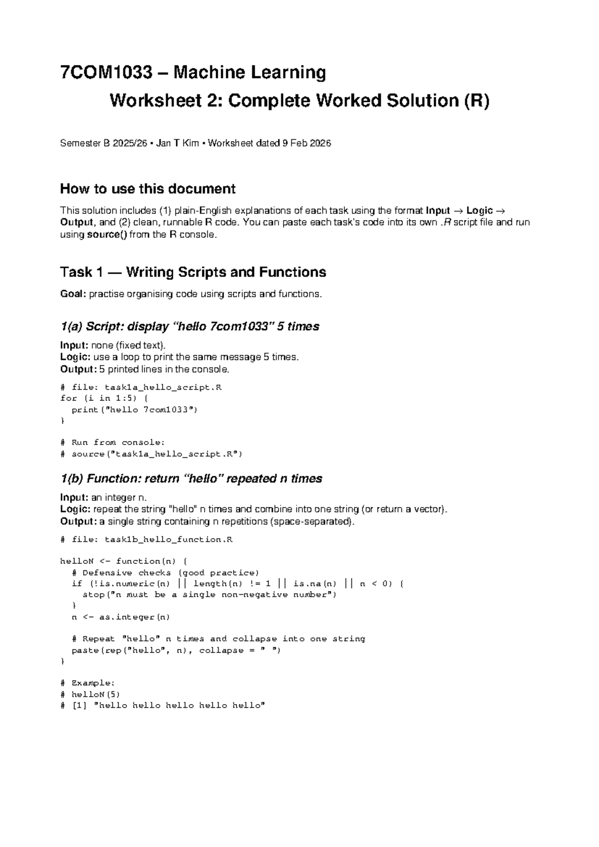 7COM1033 Machine Learning Worksheet 2: Full Solutions in R - Studocu