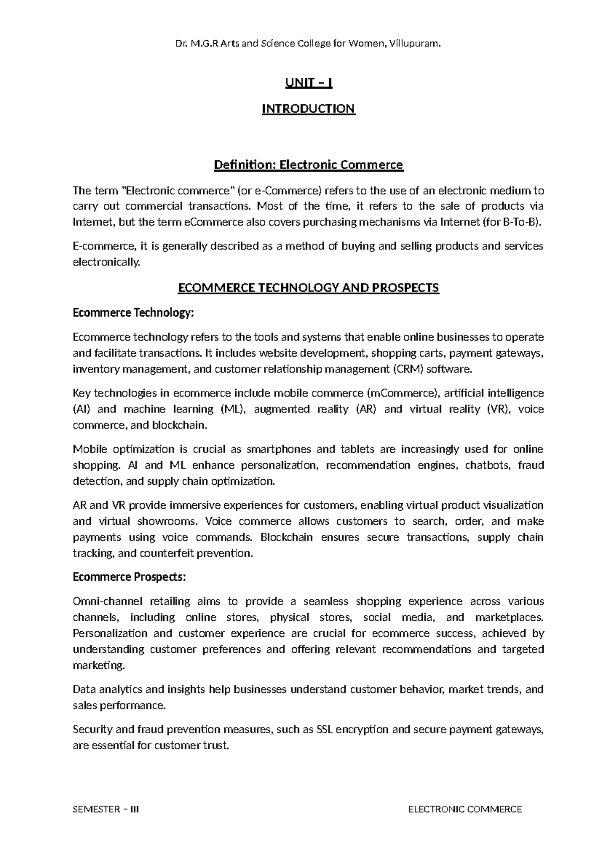 ECOM 101: Introduction to Electronic Commerce - Unit I Overview - Studocu