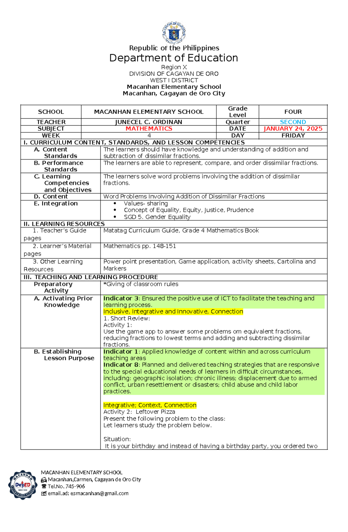 COT 2nd Quarter Lesson Plan: Word Problems with Dissimilar Fractions ...