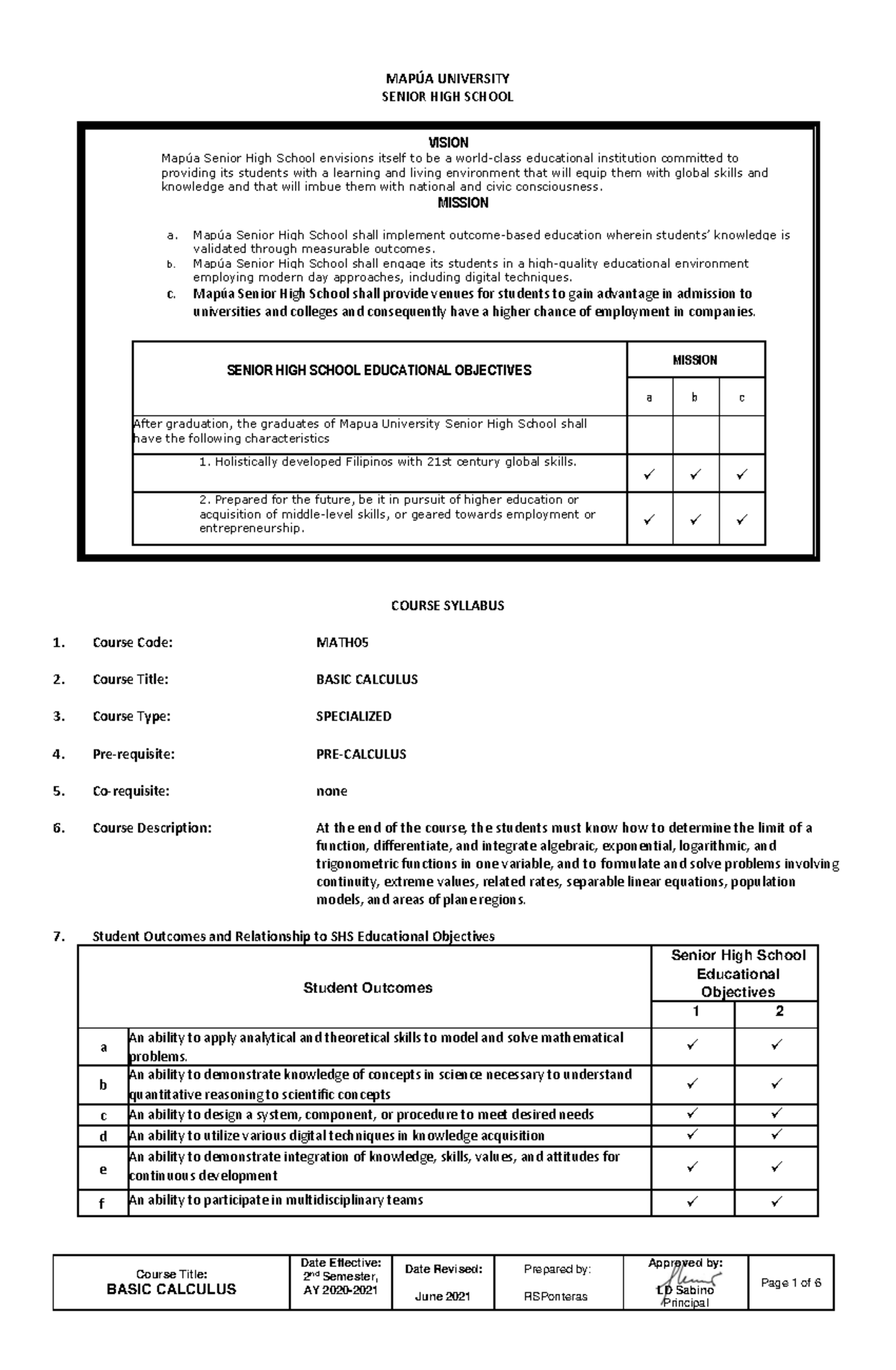 MATH05 Basic Calculus Course Syllabus - 2nd Semester AY 2020-2021 - Studocu