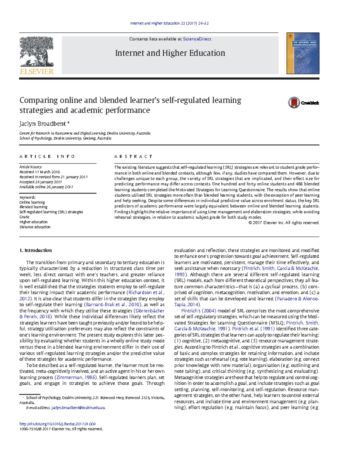 Comparing SRL Strategies in Online vs. Blended Learning (EDU 101) - Studocu