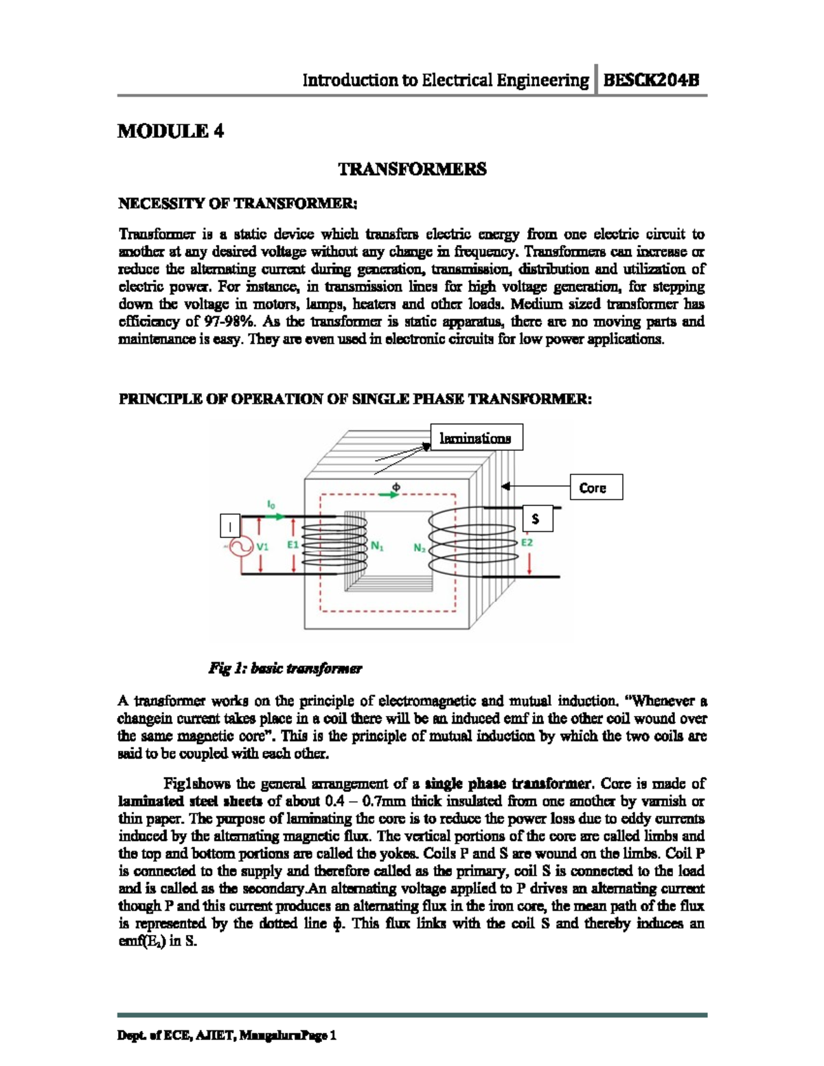 Module 4: Transformers in Electrical Engineering BESCK204B - Studocu