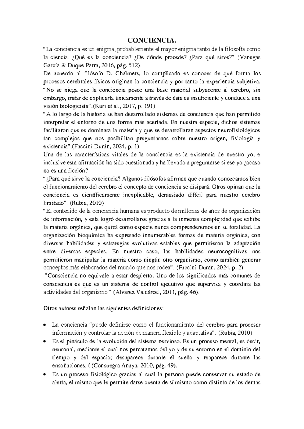 Resumen de la Conciencia: Enigmas Filosóficos y Científicos (PSICO 101 ...