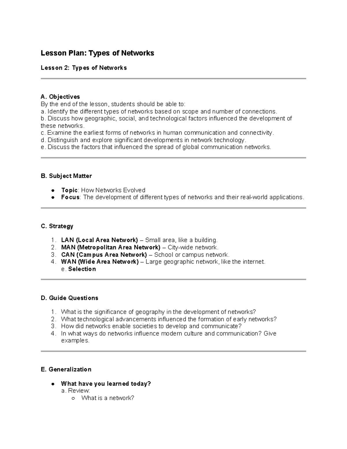Lesson Plan: Exploring Types of Networks and Their Evolution - Studocu