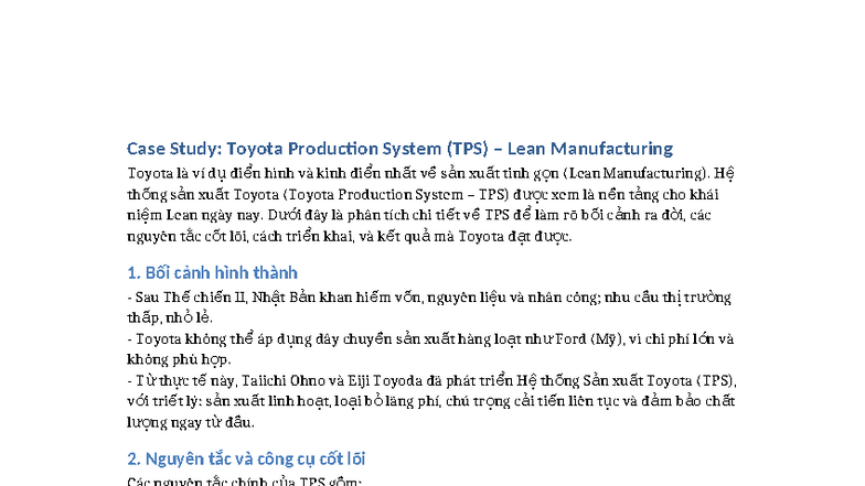 Case Study: Toyota Production System (TPS) and Lean Manufacturing - Studocu