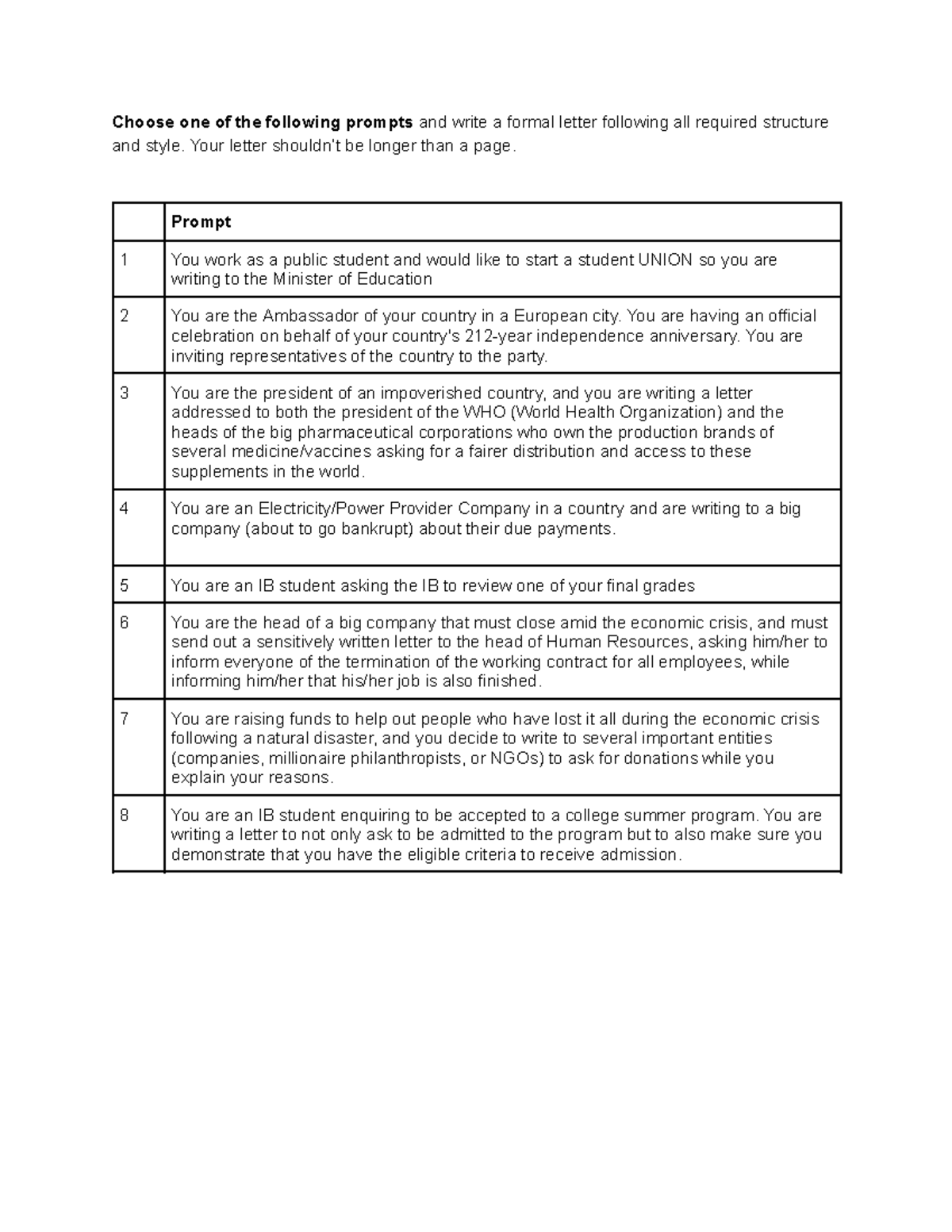 Formal Letter Writing Prompts for IB Students - Studocu
