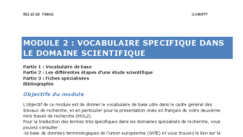 RES FRANS G.MARTY MODULE 2 : VOCABULAIRE SCIENTIFIQUE ET ÉTAPES DE ...