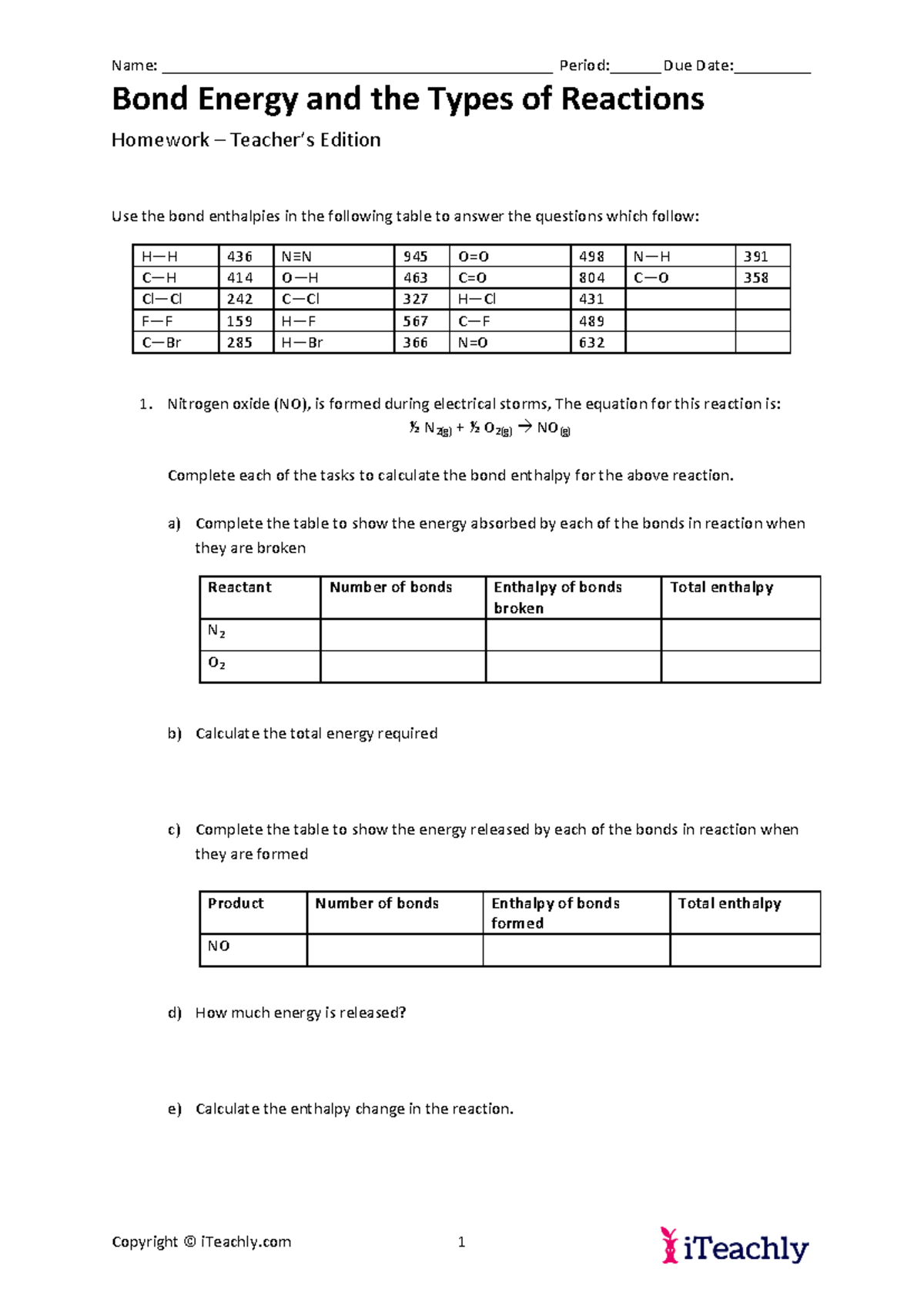Bond Energy and Types of Reactions Homework - Studocu