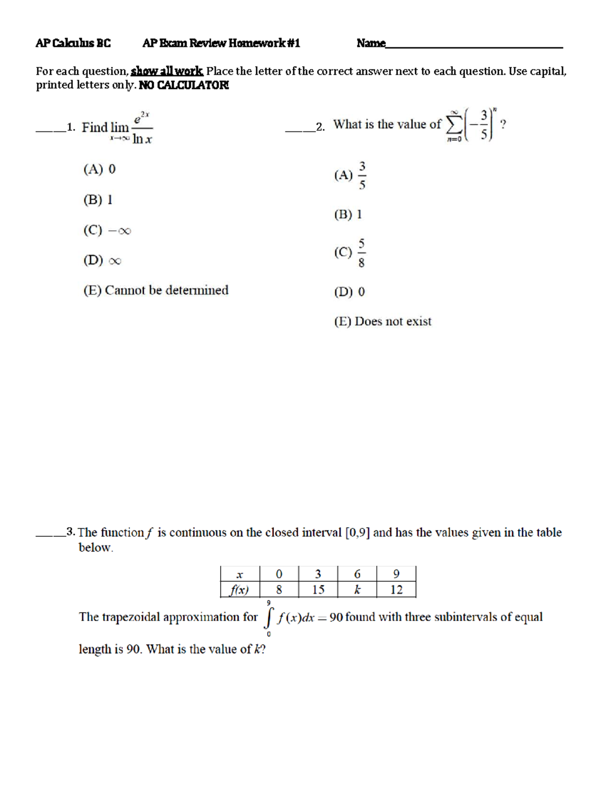 2017 Exam Review HW1 - AP Calculus BC AP Exam Review Homework #1 - Studocu
