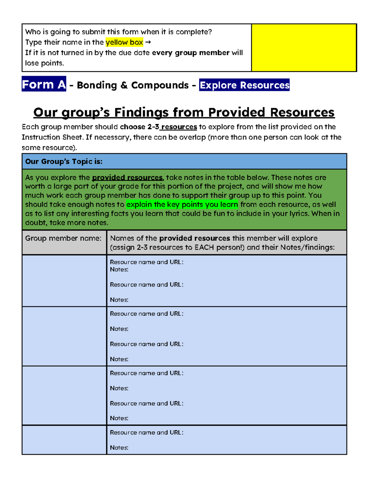 Form A - Bonding Compounds Project Notes & Resource Assignment - Studocu