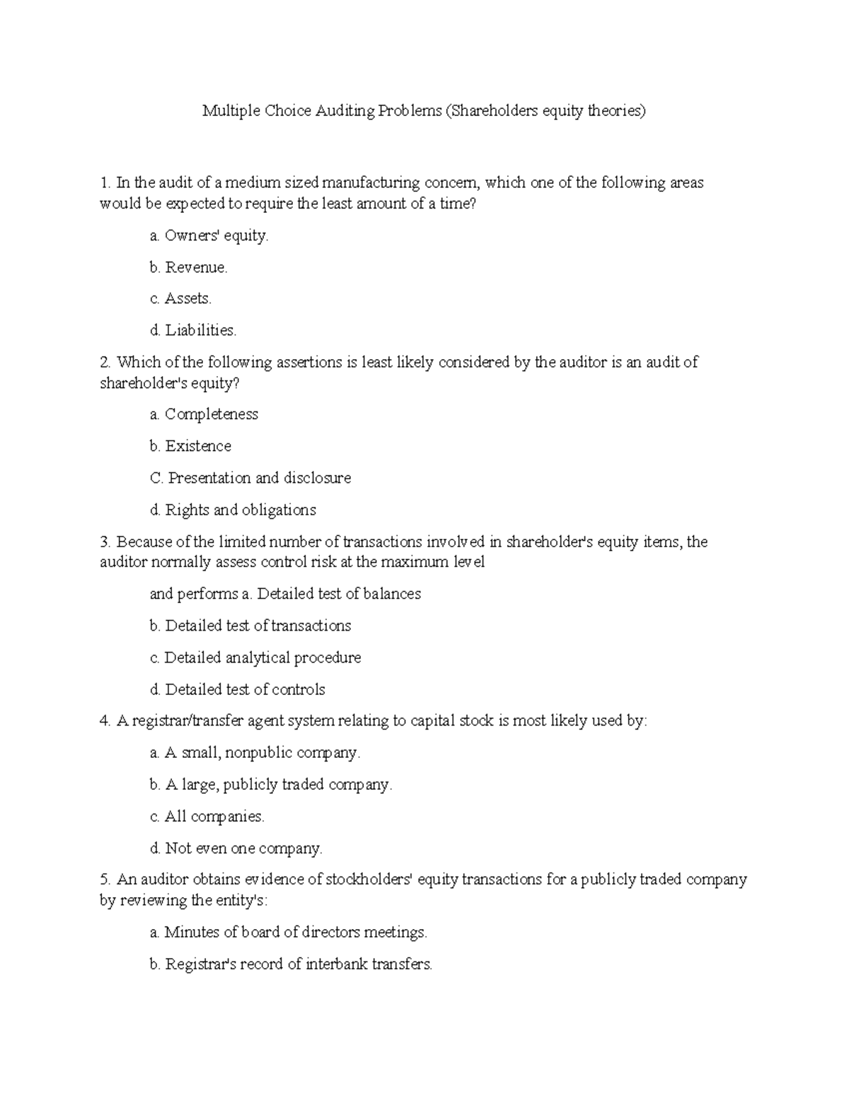 Audit of SHE Multiple Choice Concepts: Shareholders Equity Theories ...
