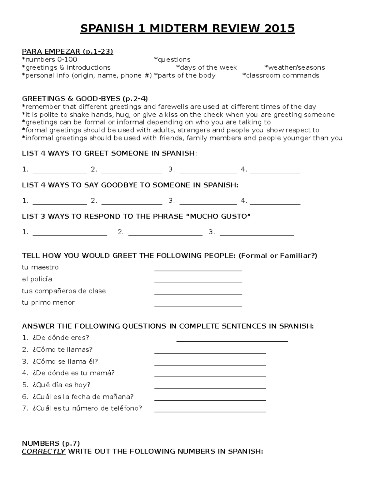 Spanish 1 (2015-2016) Midterm Review Guide - Studocu
