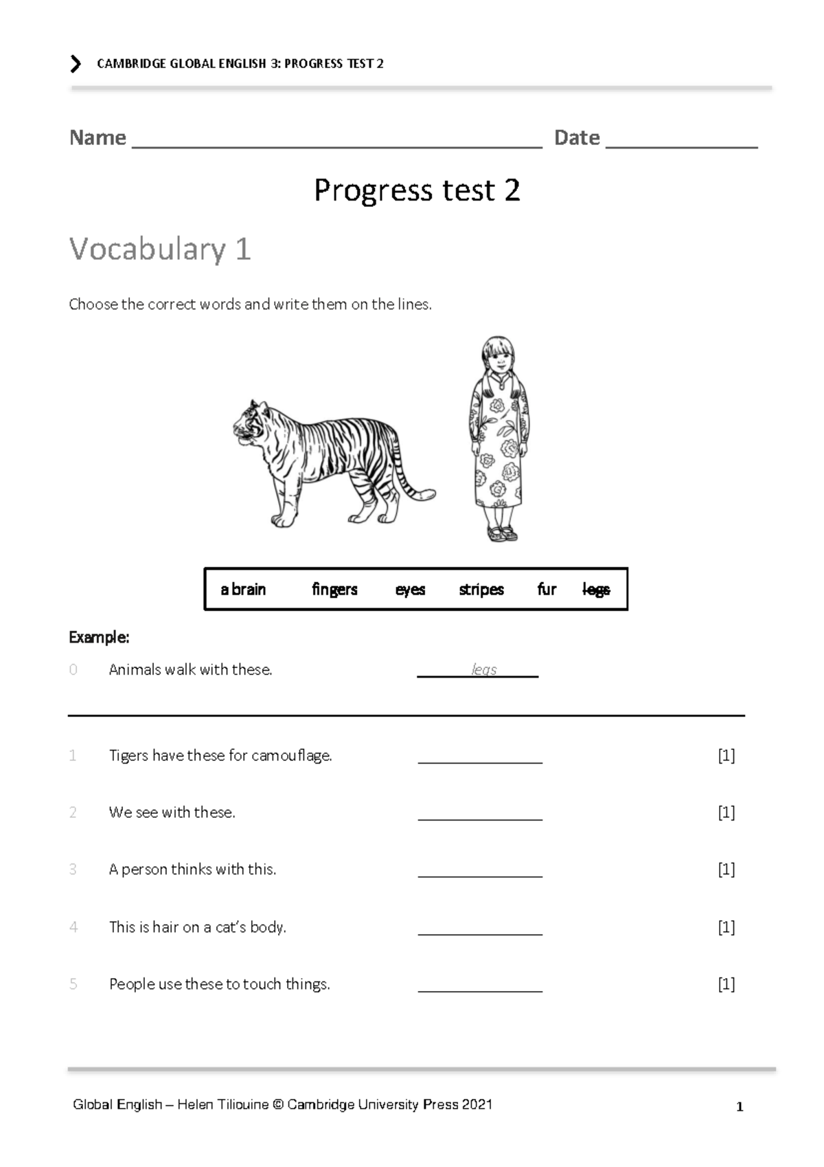 Cambridge Global English 3: Progress test 2 vocabulary and grammar ...