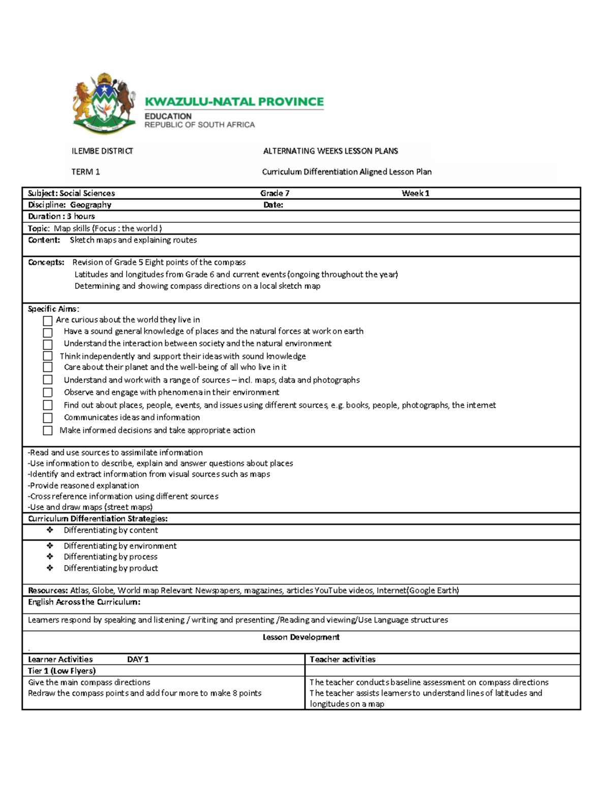 ILEMBE DISTRICT TERM 1 Grade 7 Social Sciences Lesson Plans - Studocu