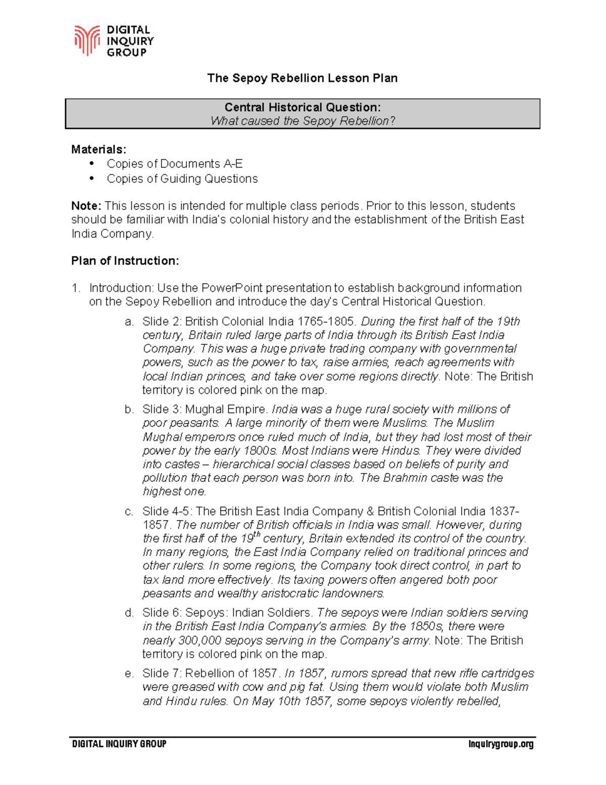 Sepoy Rebellion Lesson Plan: Exploring Causes & Perspectives - Studocu