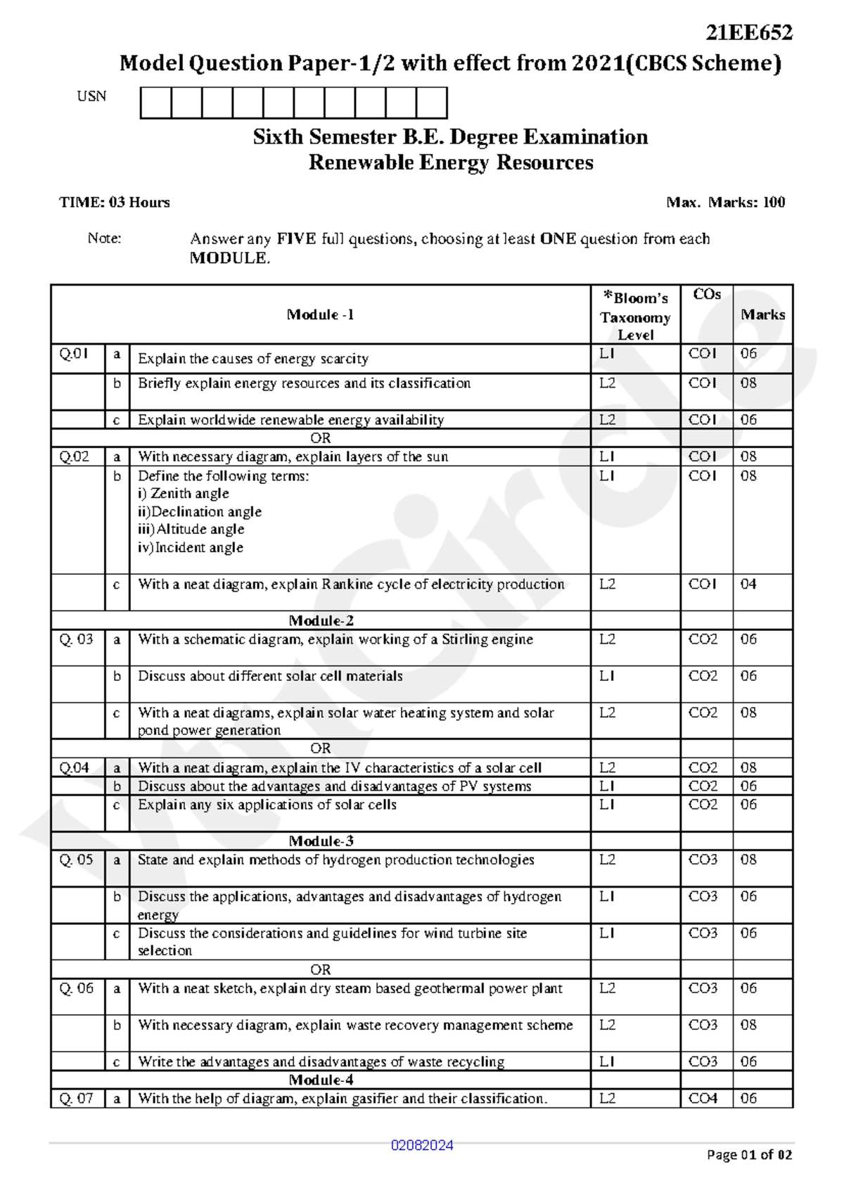 21EE652 Model Question Paper for Renewable Energy Resources Exam - Studocu