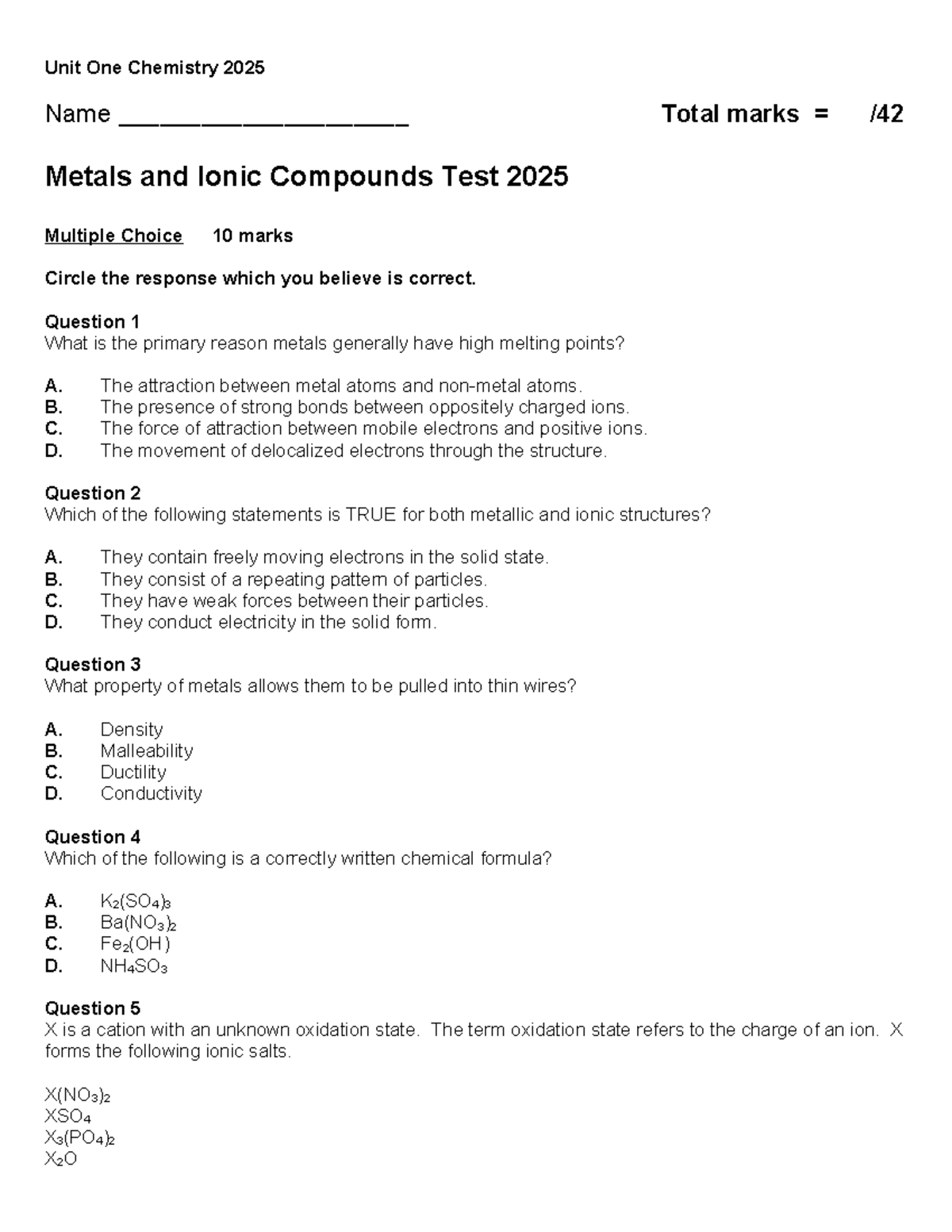Metals and Ionic Compounds Test 2025: Unit One Chemistry Exam - Studocu