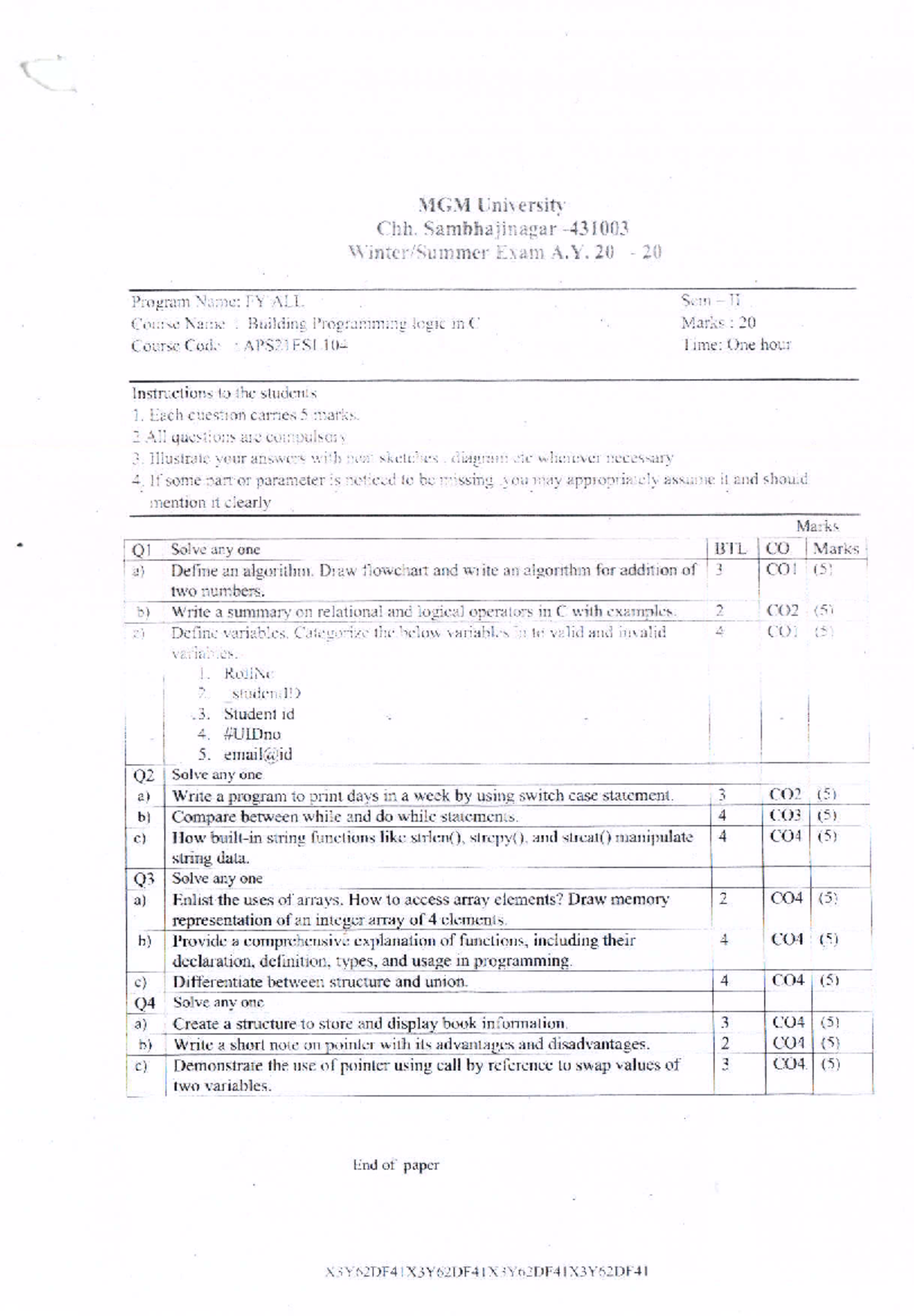 MGM University APS21ESLI(2) Building Programming Logic Exam Practice ...