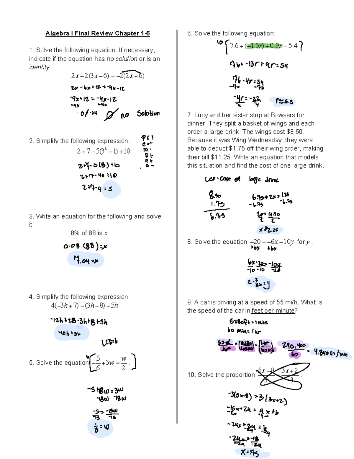 Algebra I Final Review Chapters 1-6 (Jan 2018) - Studocu