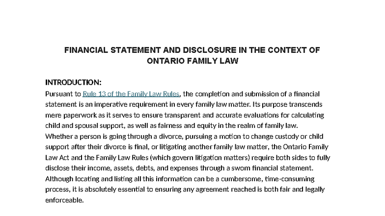 FIN 101: Financial Statement & Disclosure in Ontario Family Law - Studocu