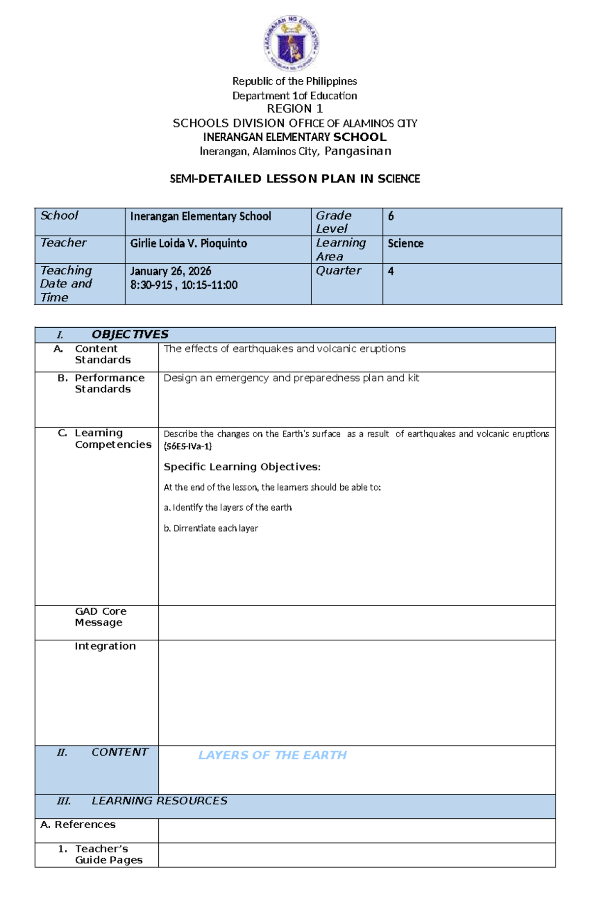 Lesson Plan in Science 4 (Quarter 6) - Earth Layers & Natural Disasters ...