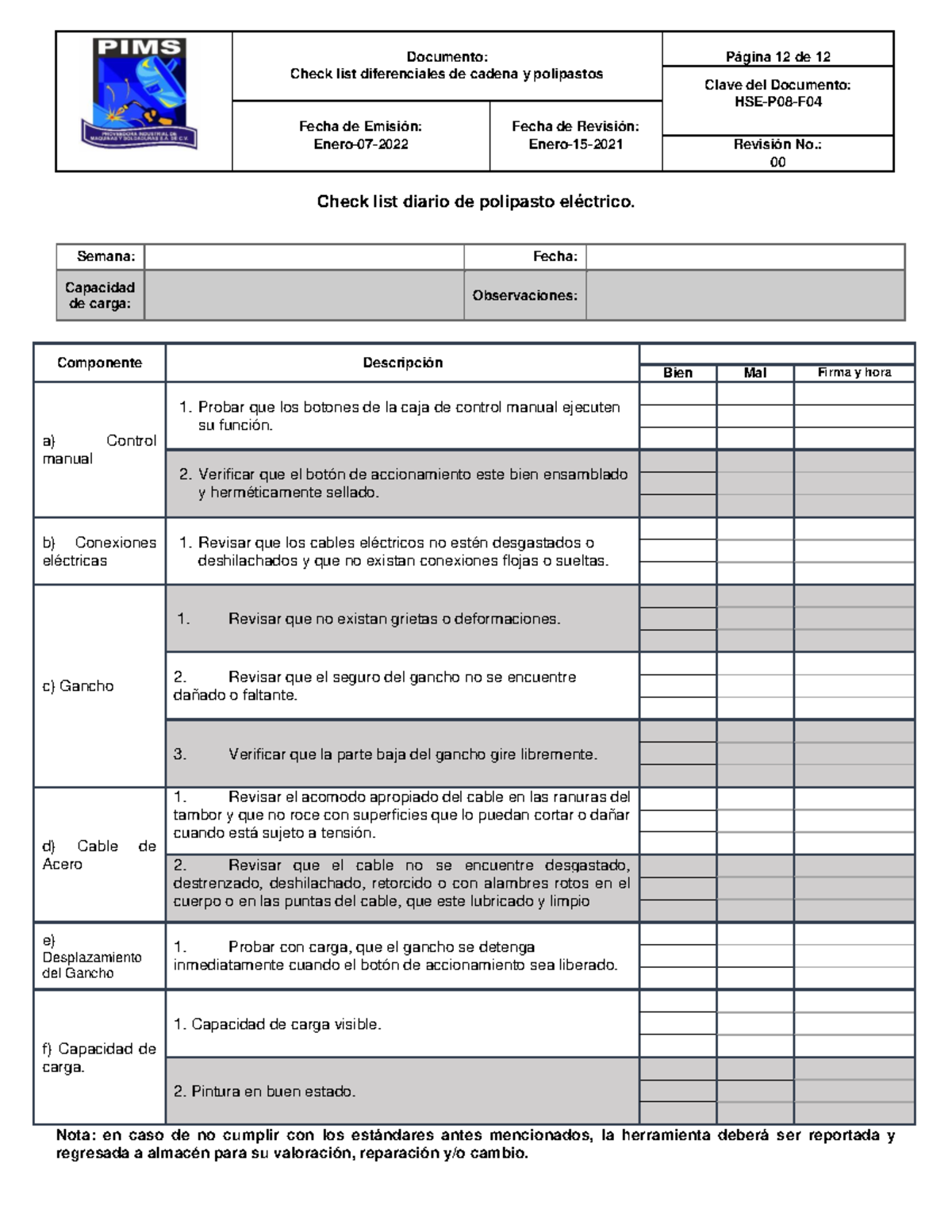 Check List Diario de Polipasto Eléctrico HSE-P08-F - Studocu