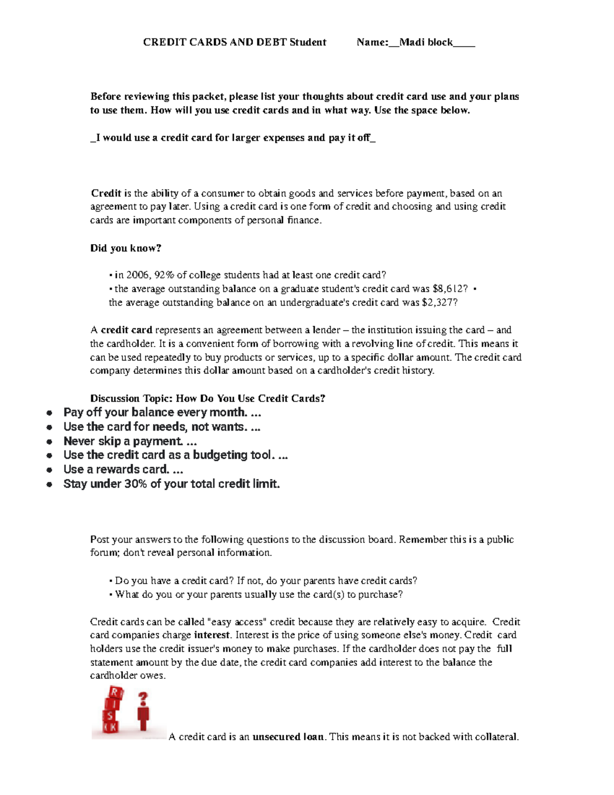 Credit Cards & Debt Management Worksheet for Personal Finance Course ...