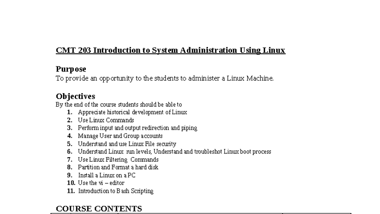 CMT 203 Intro to Linux System Administration Outline 2023 - Studocu