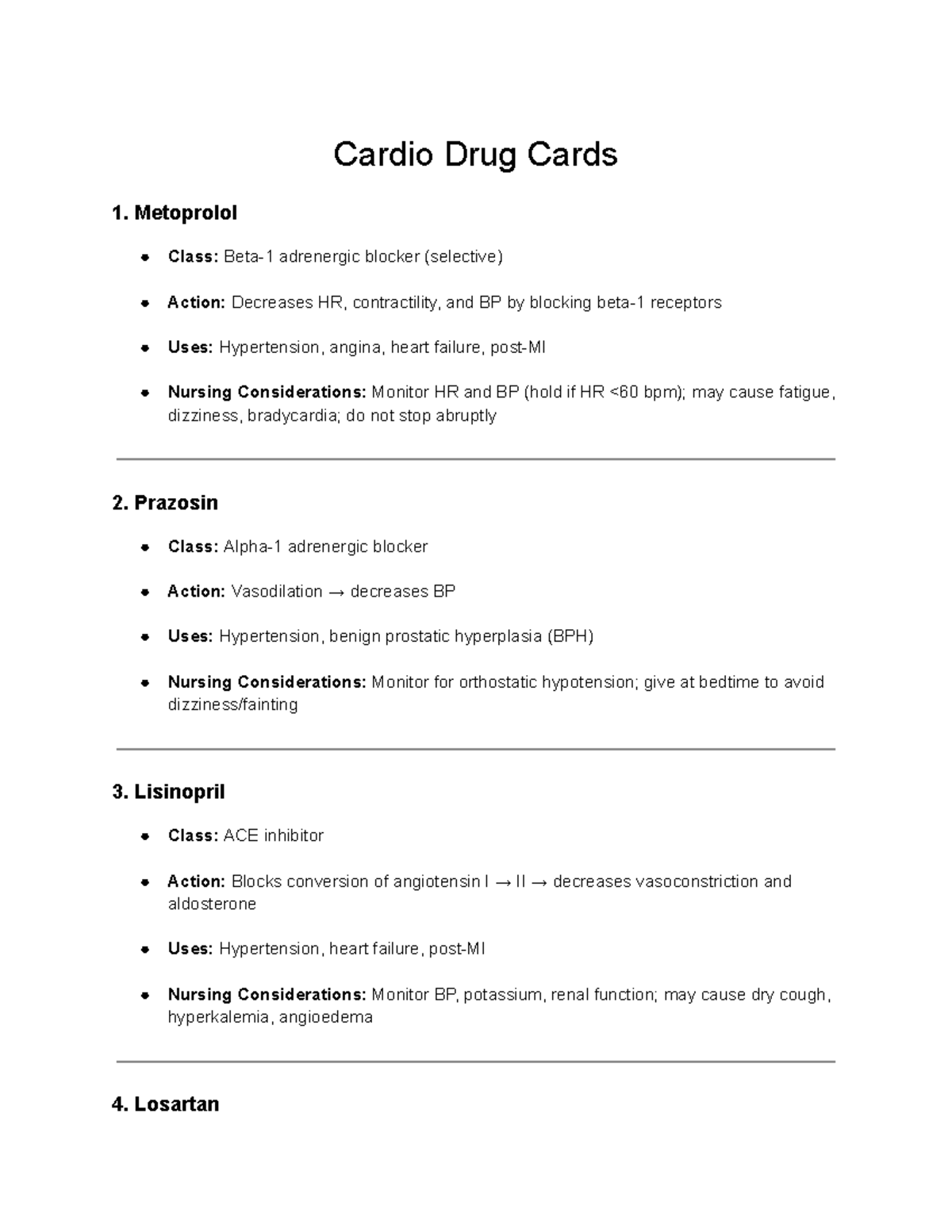 Cardio Drug Cards Review for Nursing Students (NUR 101) - Studocu