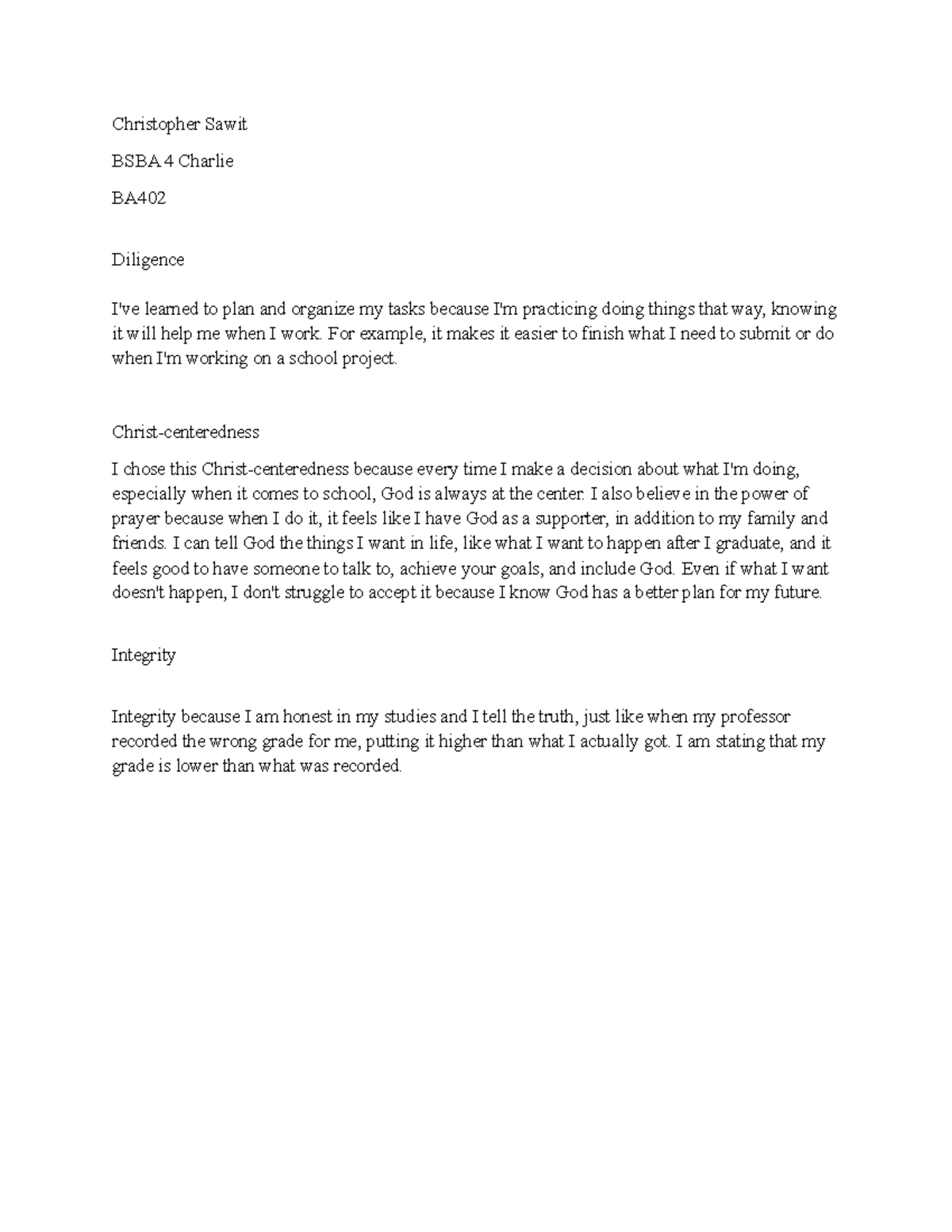 BA 402 Seatwork: Planning, Integrity, and Faith in My Studies - Studocu