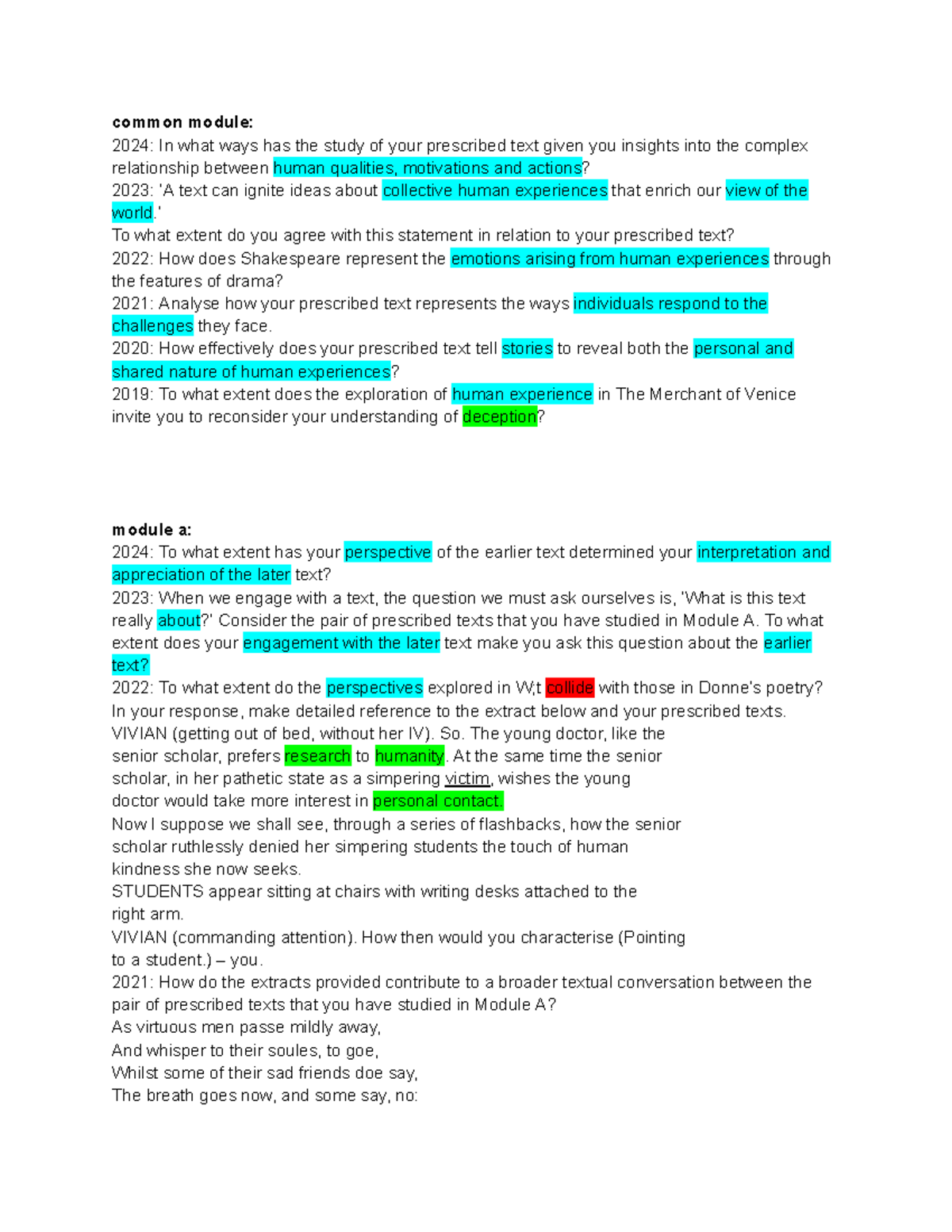 Essay Practice Past HSC Questions: Insights on Human Experience and ...