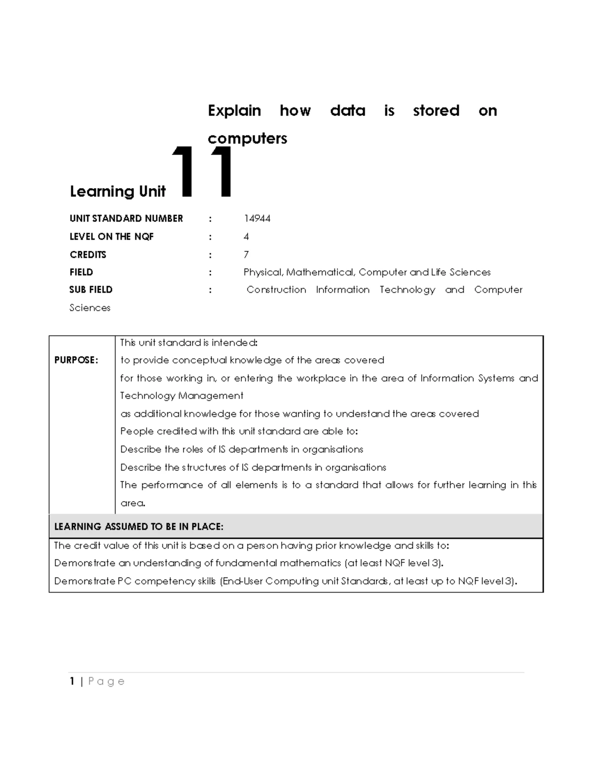 Apply problem solving strategies - Learning Unit 9 UNIT STANDARD NUMBER : 14927 LEVEL ON THE NQF ...