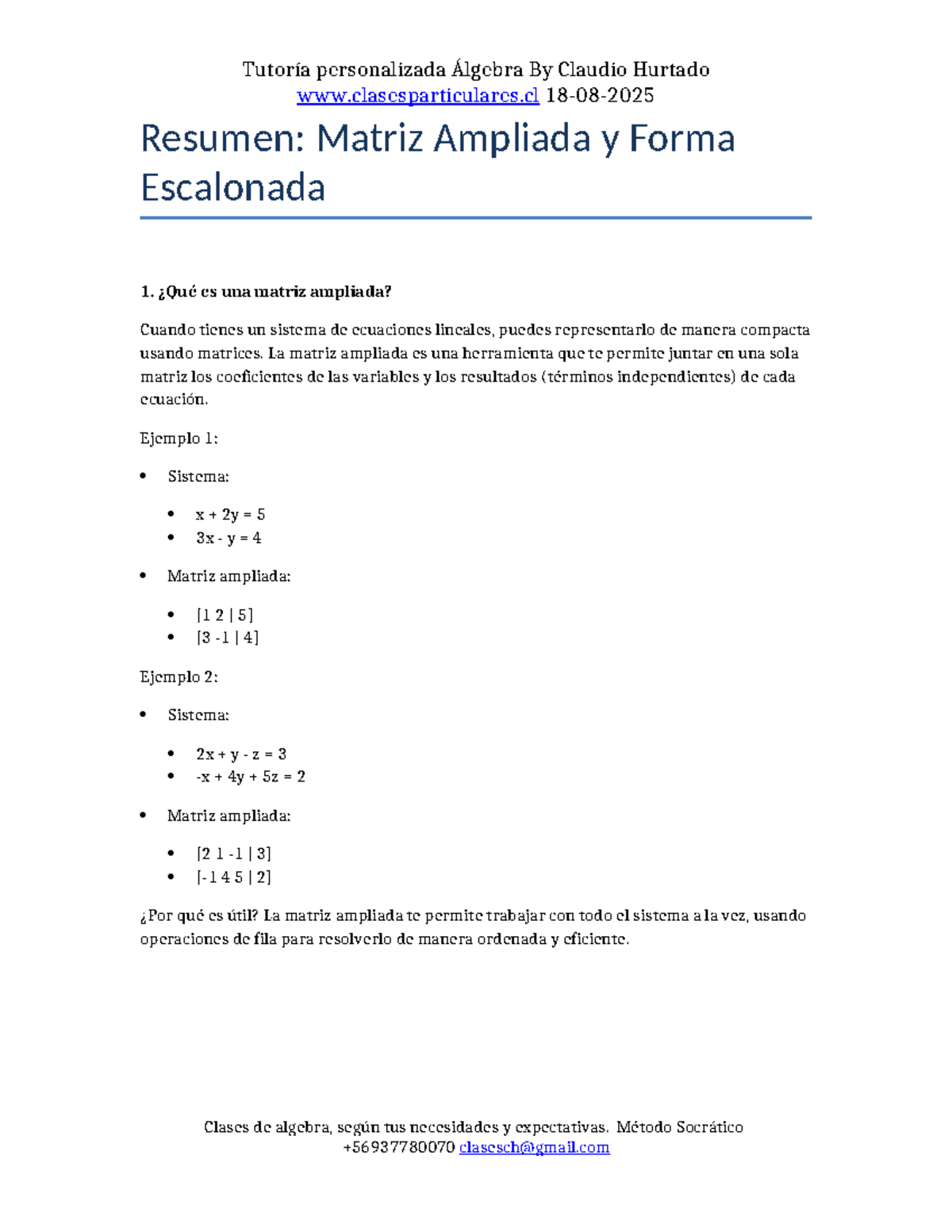 Resumen de Matriz Ampliada y Forma Escalonada - Tutoría Álgebra - Studocu