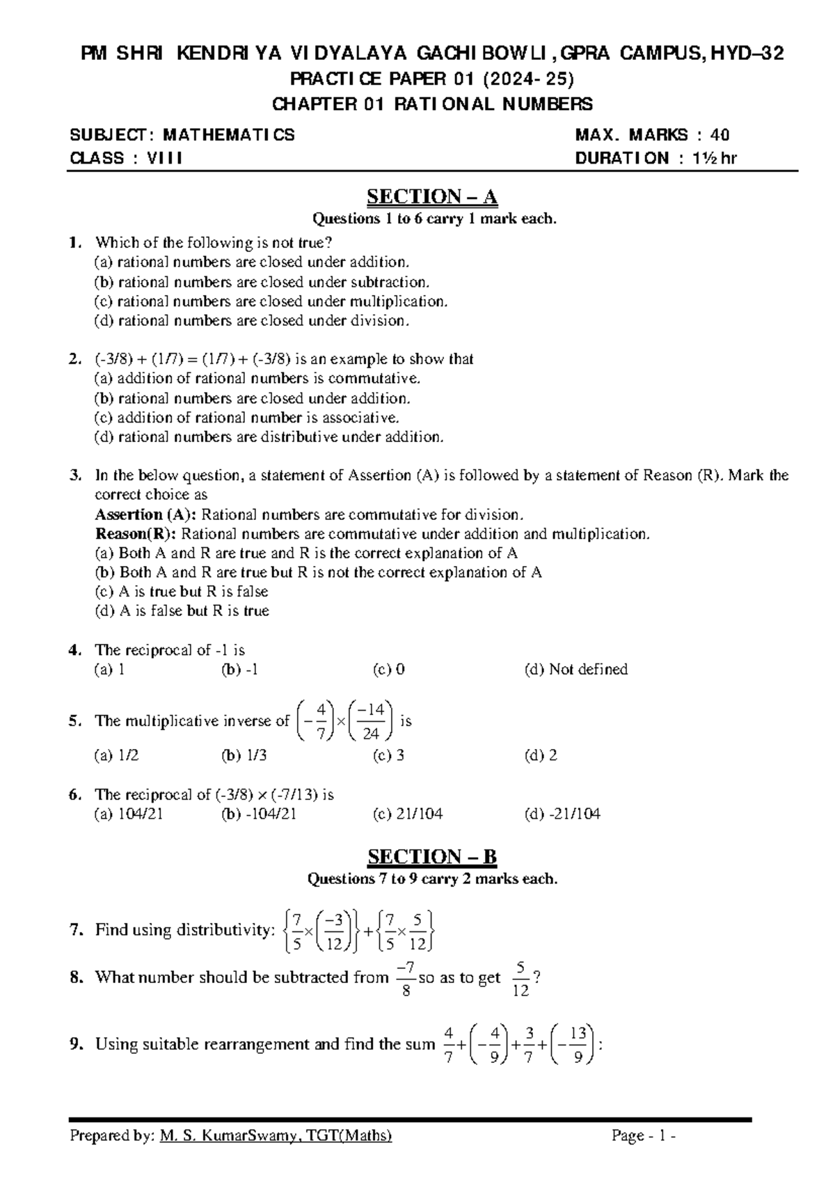 Maths Class IX Practice Paper: Rational Numbers (2024-25) - Studocu