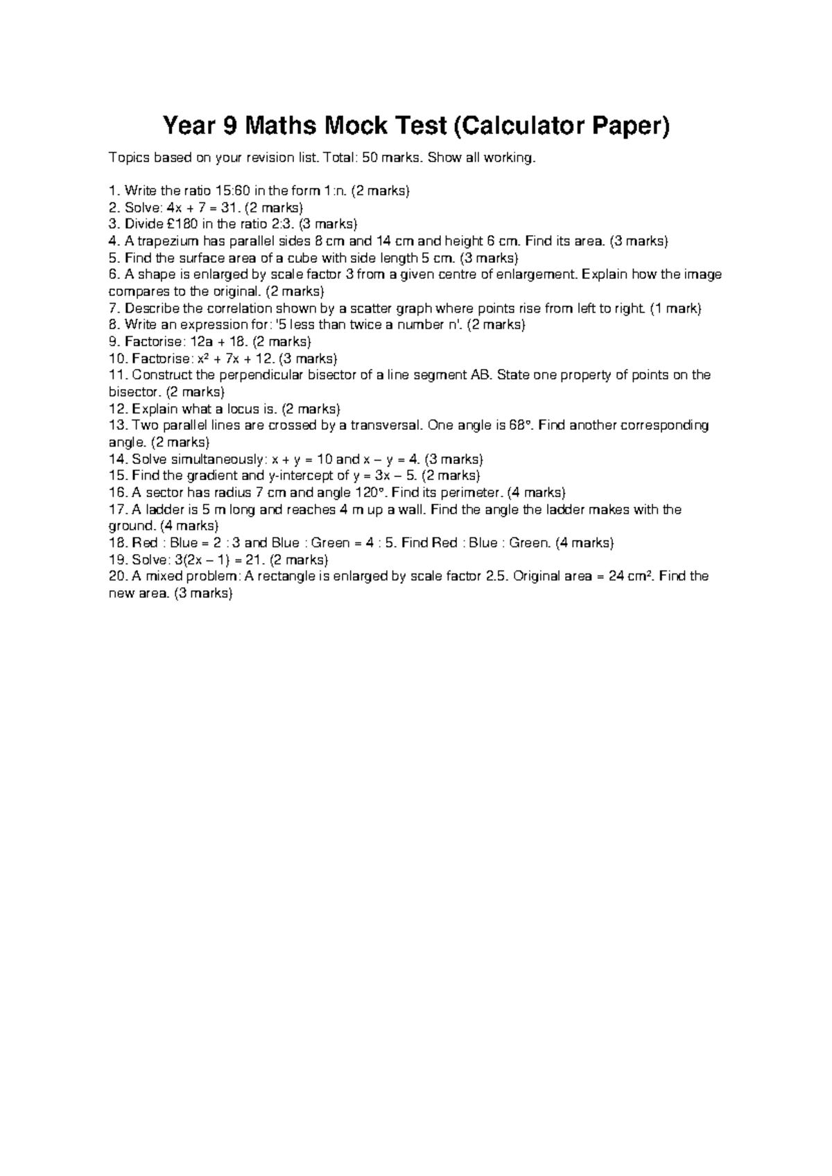 Year 9 Maths Mock Test (Calculator Paper) - Revision Topics - Studocu